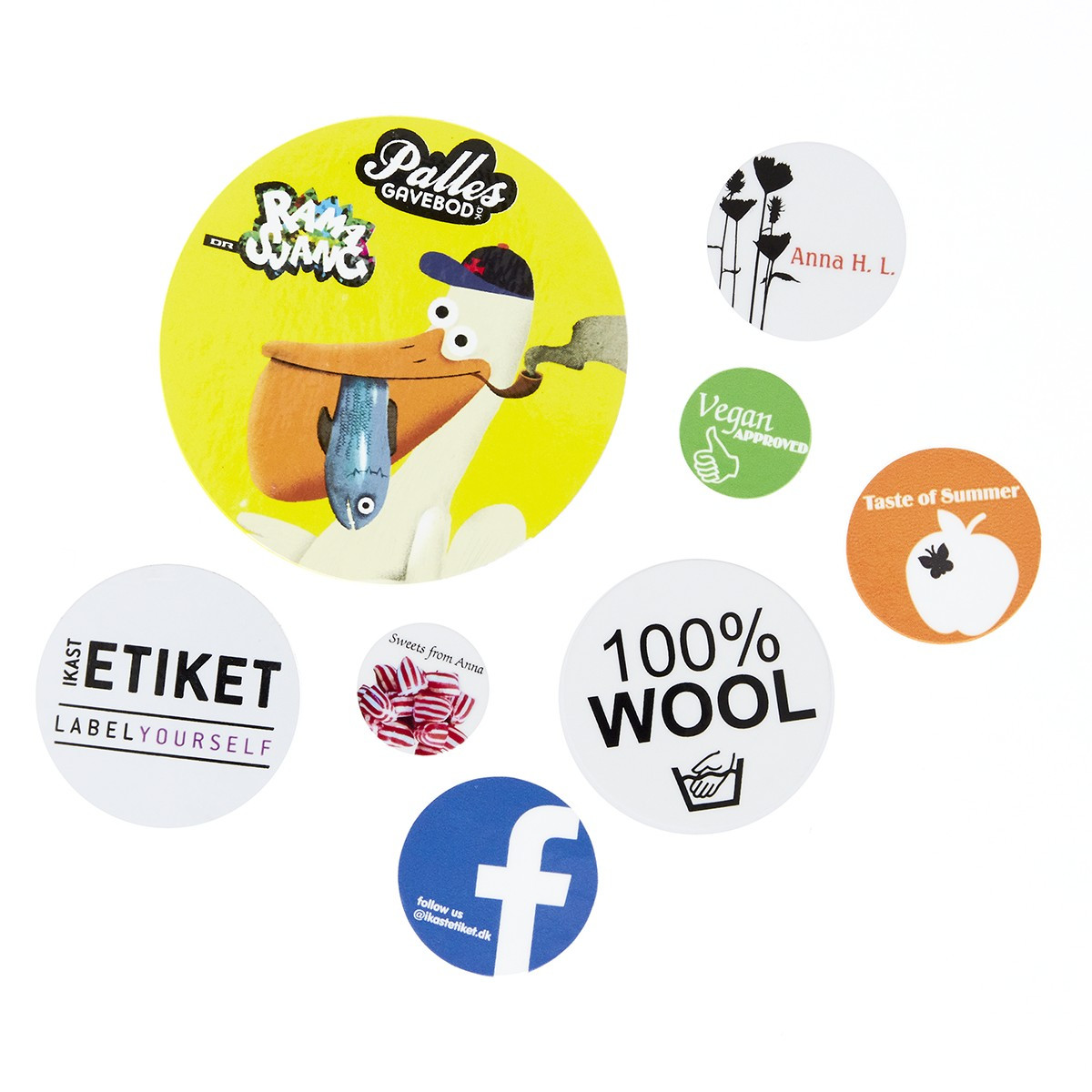 Round vinyl stickers in different sizes printed with your text